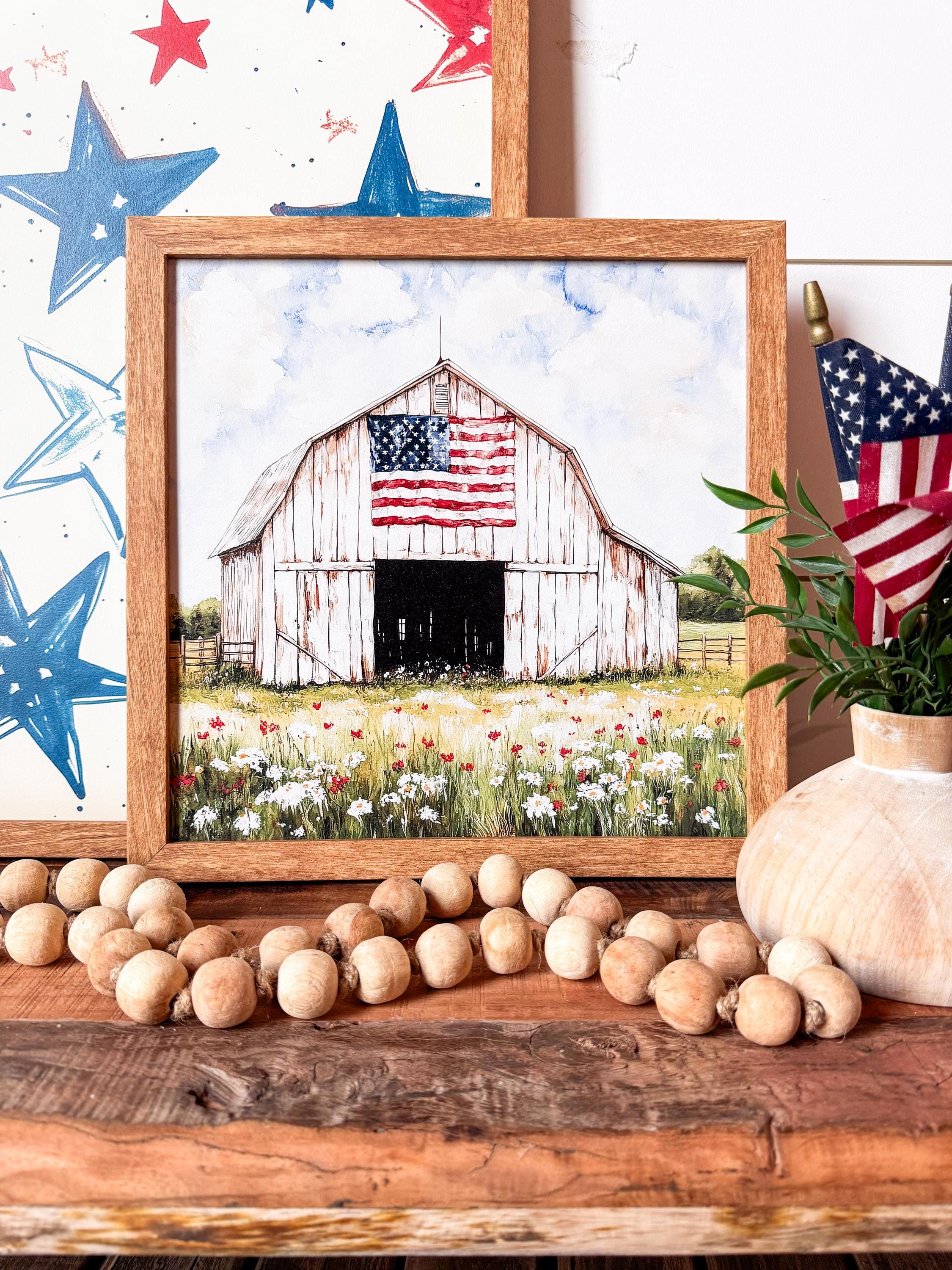 White Barn with Flag Wood Sign – WillowBee Signs